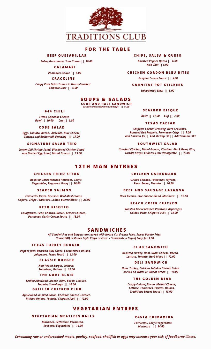 Menu at Traditions Club, Bryan