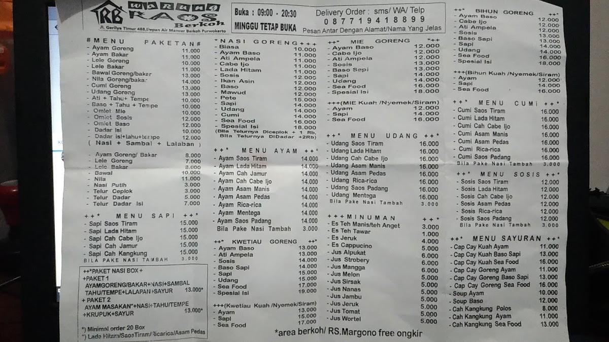 Menu at Warung Makan Raos Berkoh restaurant, Purwokerto