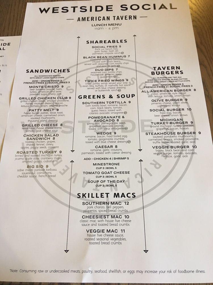 Menu at Westside Social restaurant, Grand Rapids