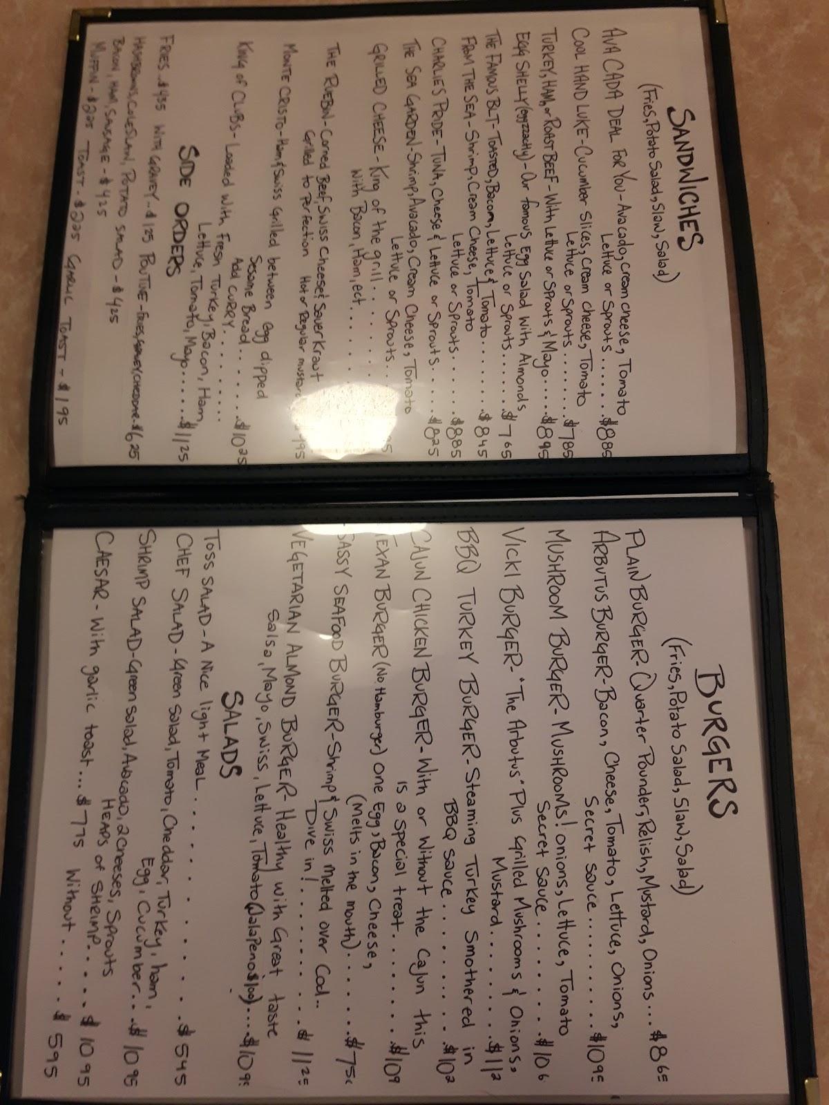 Menu at Arbutus Cafe, Duncan
