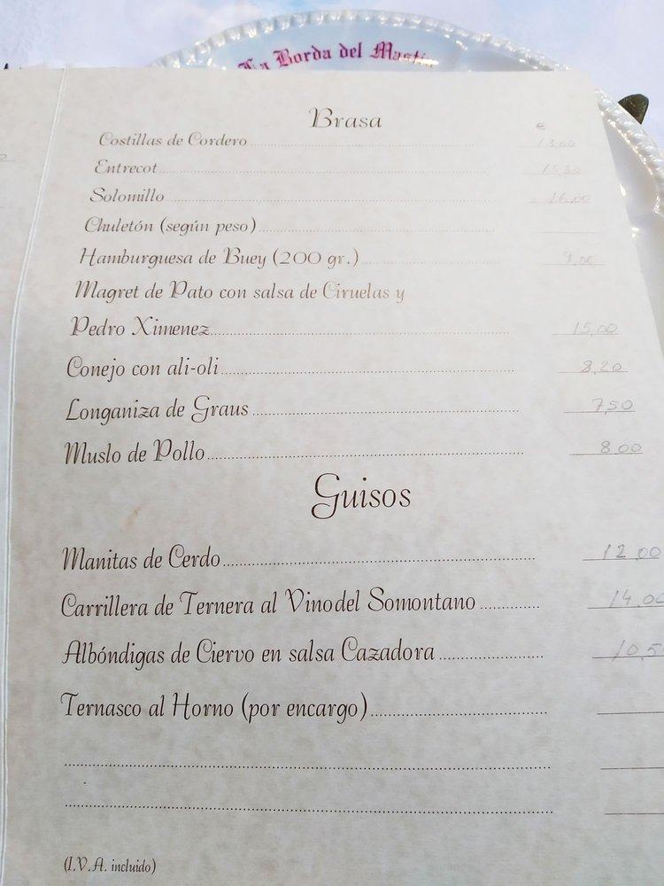 Carta del restaurante La Borda del Mastín, Cerler