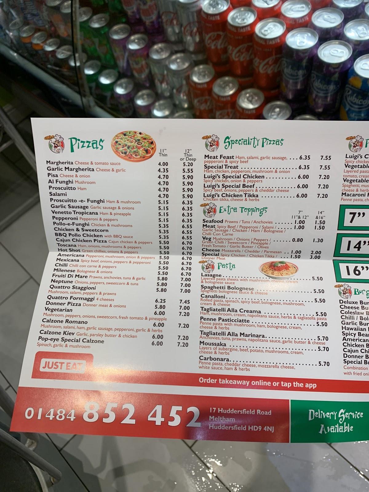 Menu at Luigi's Little Italy pizzeria, Holmfirth