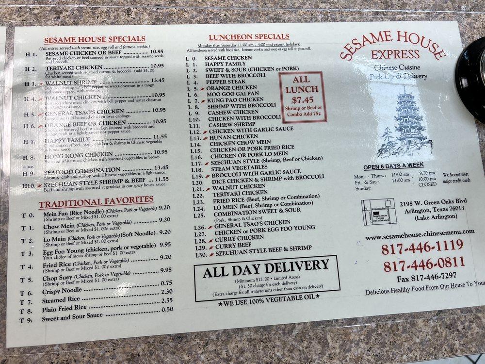Menu at Sesame House restaurant, Arlington, W Green Oaks Blvd