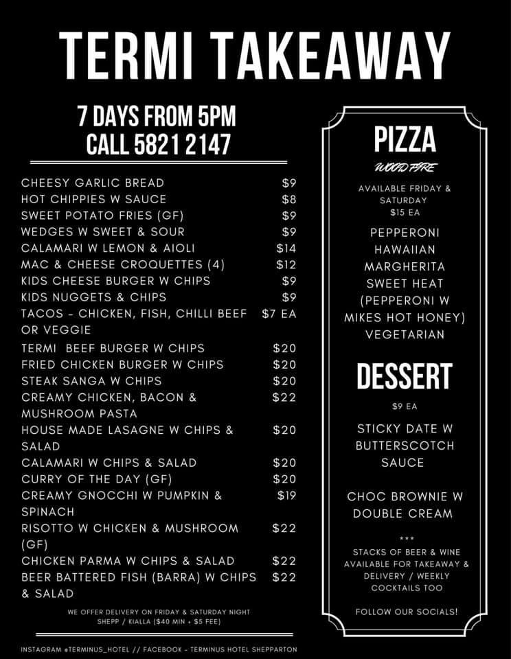 Menu at Terminus Hotel pub & bar, Shepparton