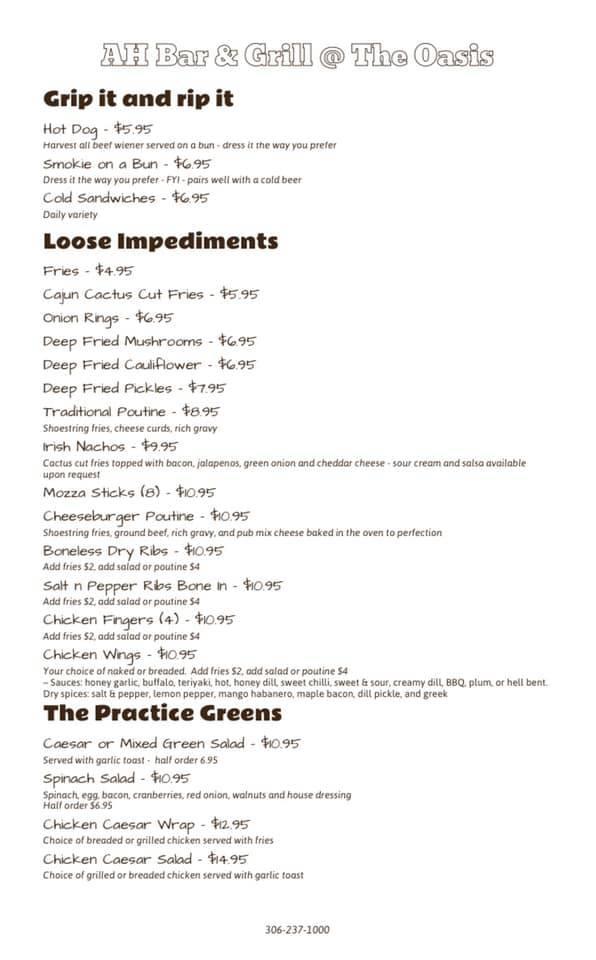 Menu at AH Bar & Grill at The Oasis, Canada
