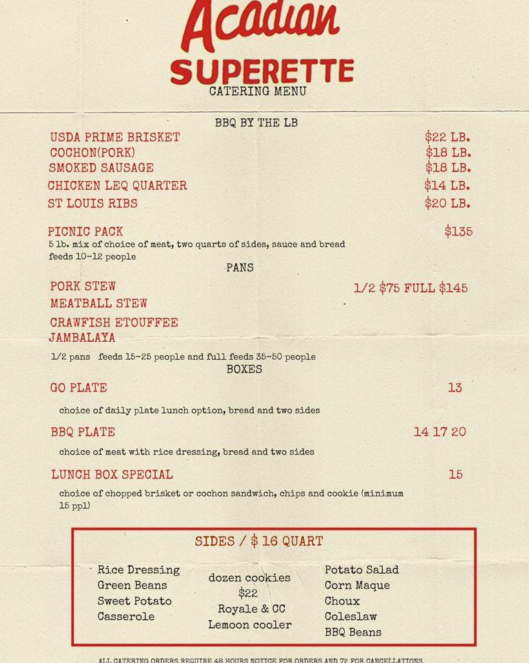 Menu at Acadian Superette restaurant, Lafayette