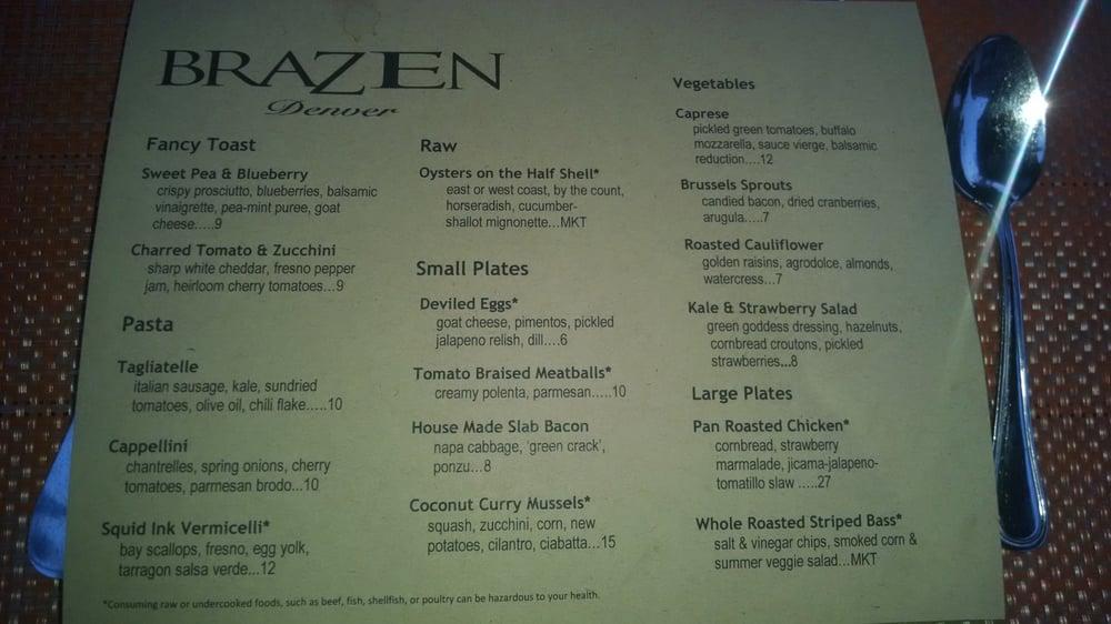 Menu at Brazen Neighborhood Eatery restaurant, Denver