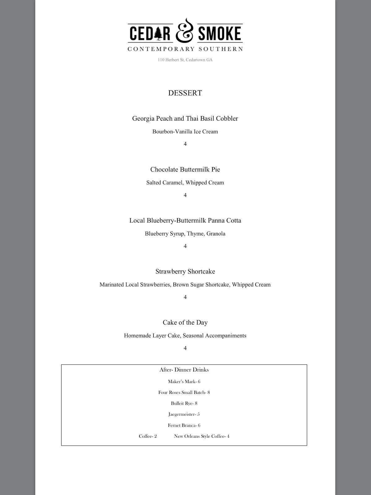 Menu at Cedar & Smoke Cigar, Cedartown