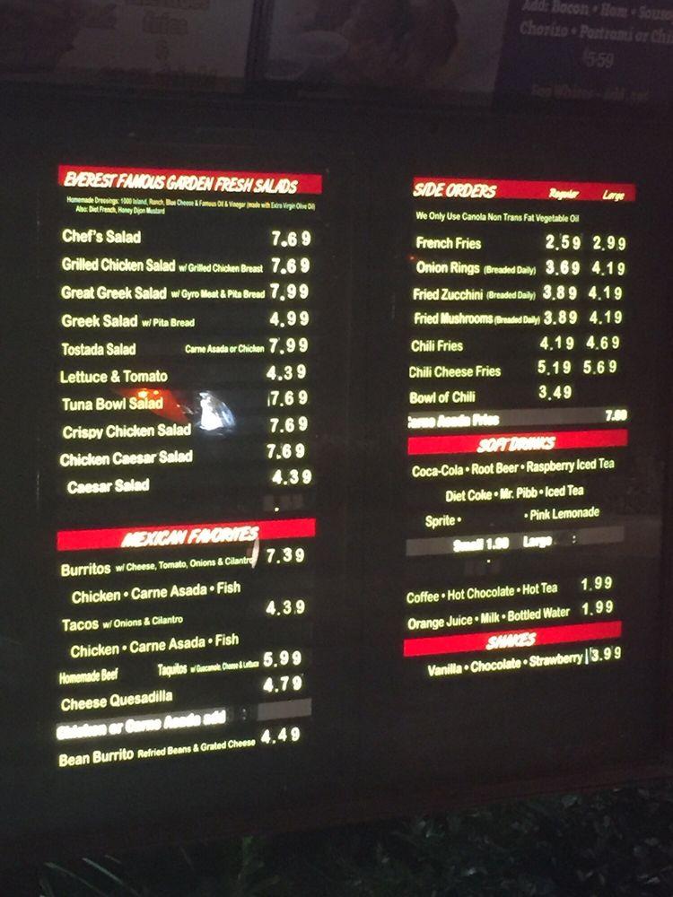 Menu at Everest Burgers restaurant, Santa Clarita