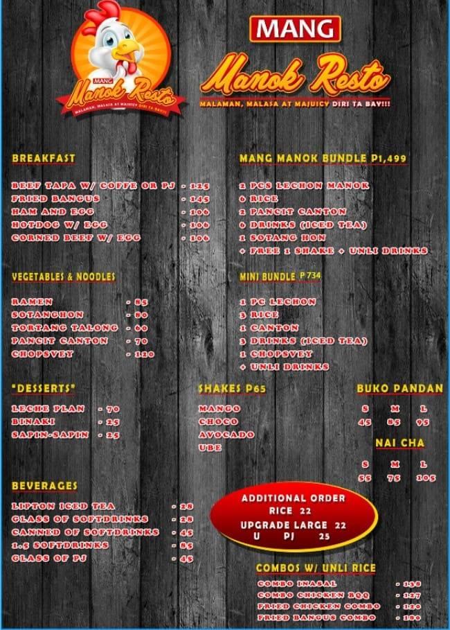 Menu at Mang Manok restaurant, Cagayan de Oro, AGORA