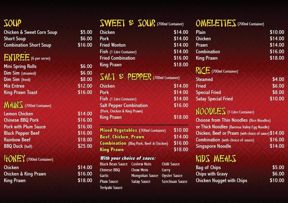 Menu at Mr J's Chinese restaurant, Tanunda