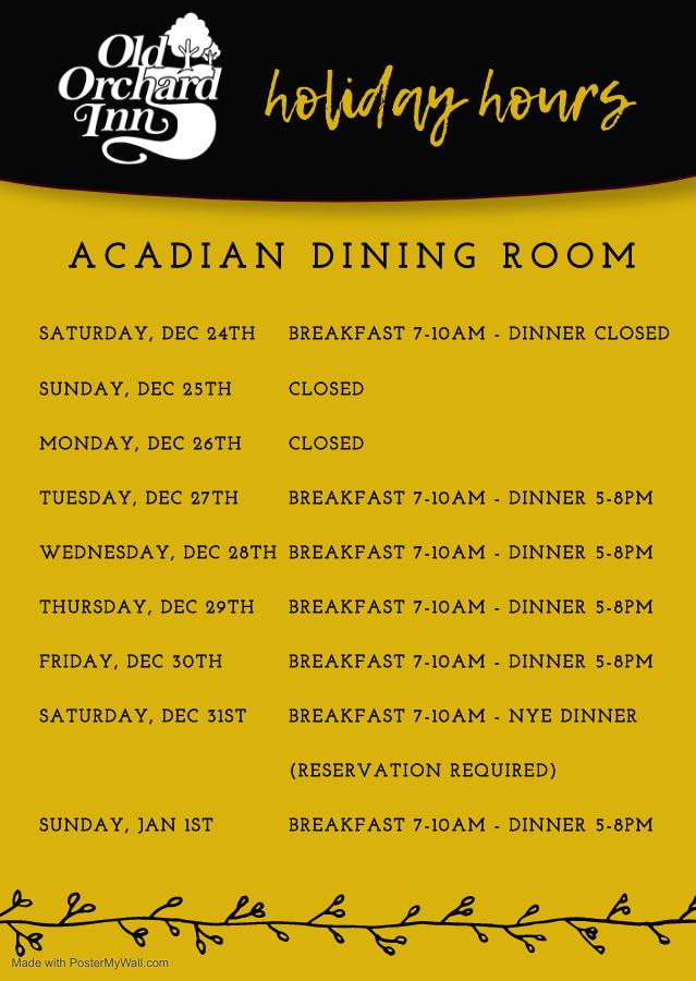 Menu at Old Orchard Inn restaurant, Wolfville