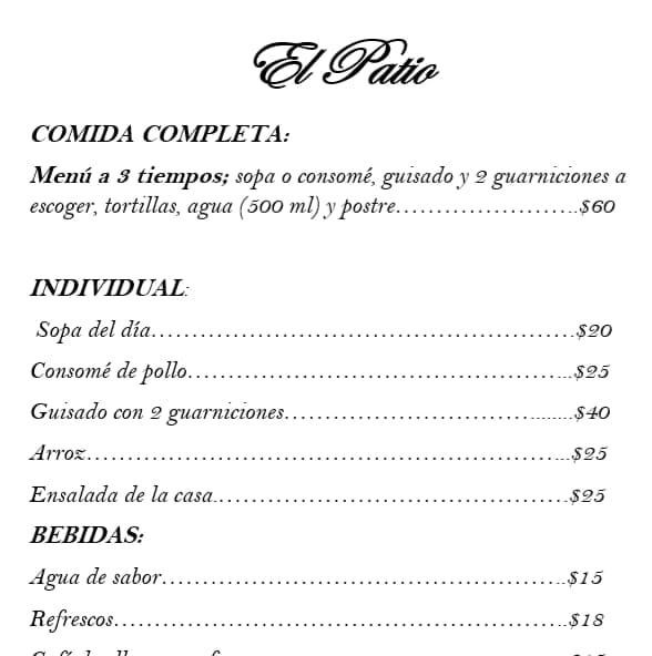 Menu at EL Patio (Comida Casera) restaurant, Mexico City