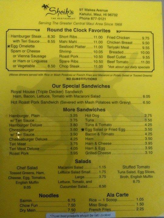 Menu at Sheik's Restaurant, Kahului