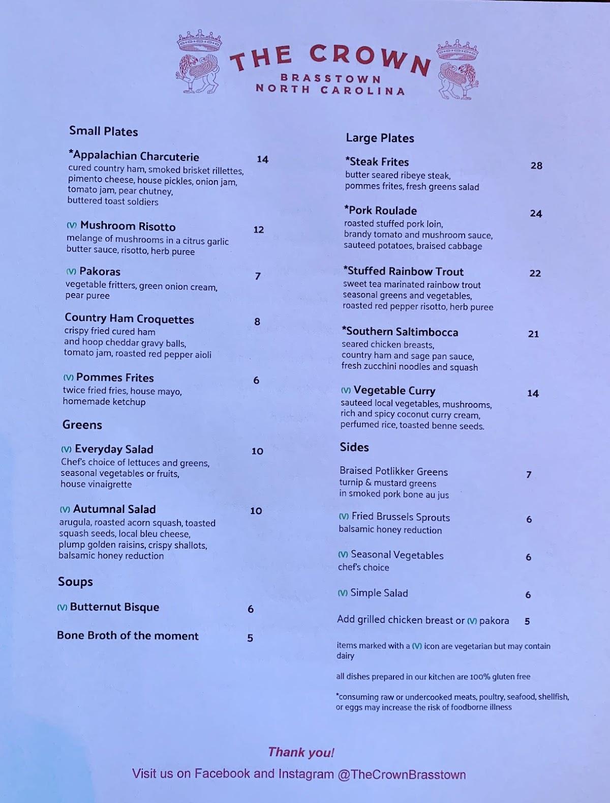 Menu at The Crown Restaurant, Brasstown
