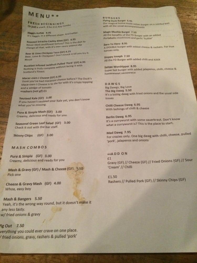 Menu at The Flying Duck pub & bar, Glasgow
