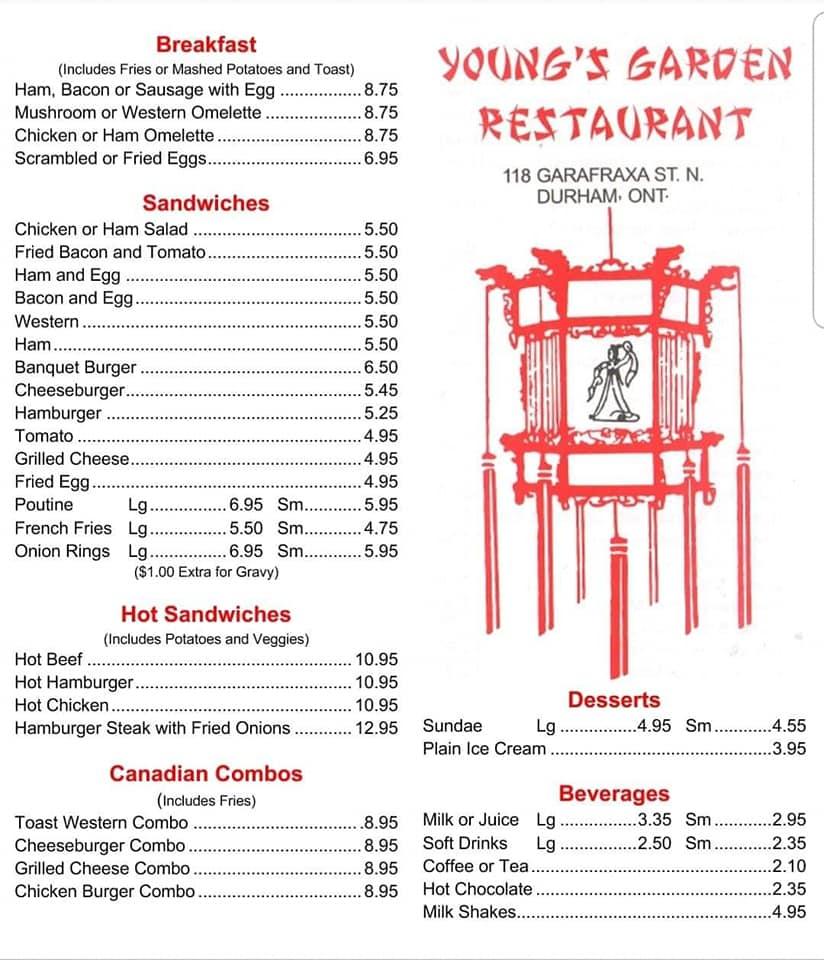 Menu at Young's Garden Restaurant, Durham