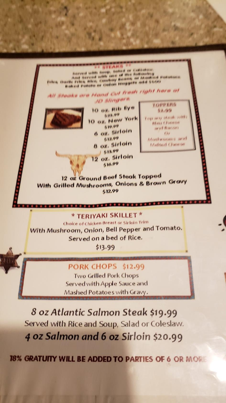 Menu at J D Slinger's Steakhouse, Fallon