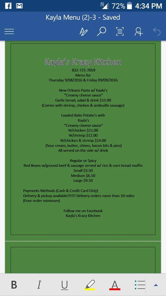 Menu at Kayla's Krazy Kitchen restaurant, Houston