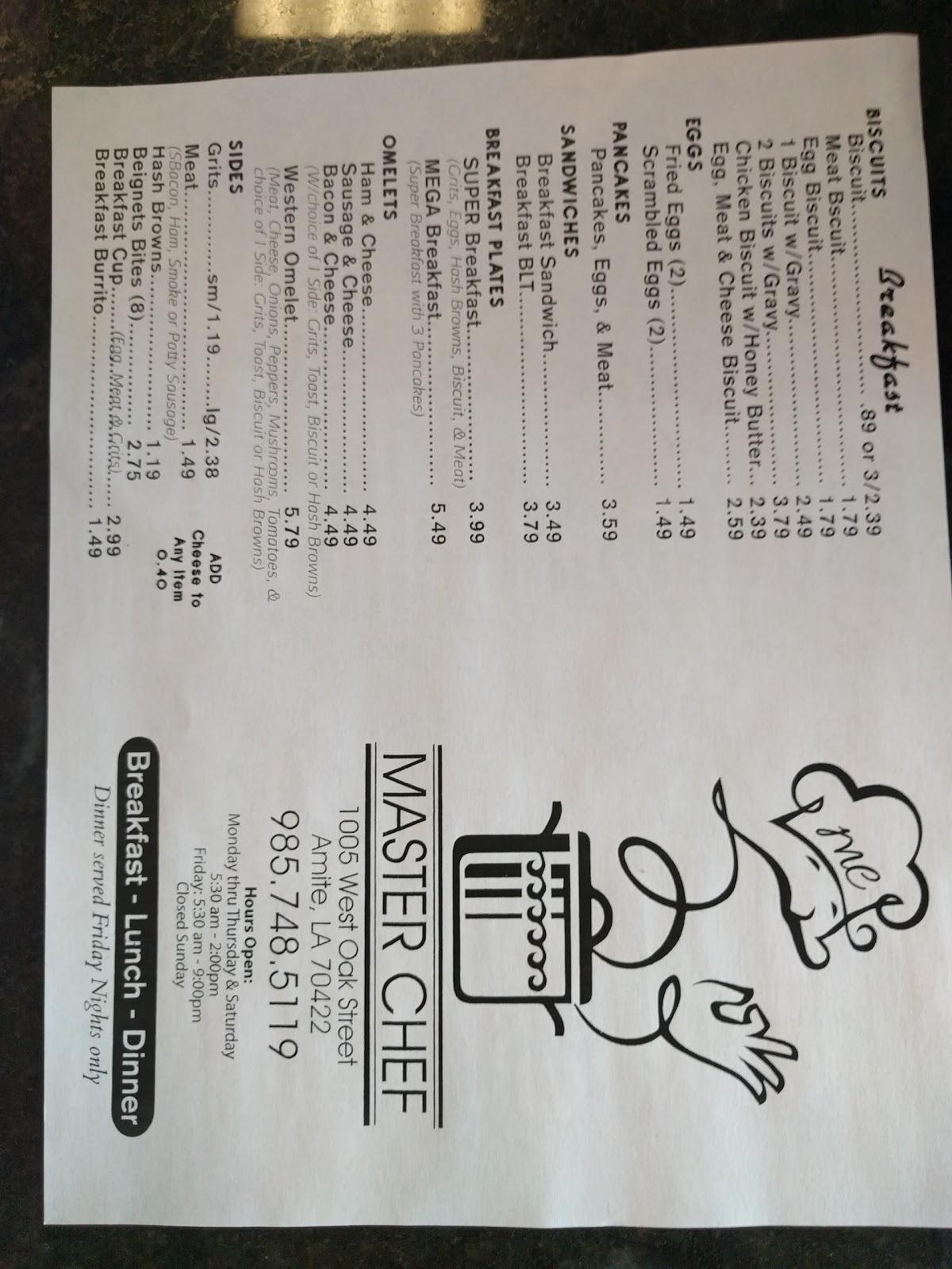 Menu at Master Chef Eatery 16 restaurant, Amite City, W Oak St