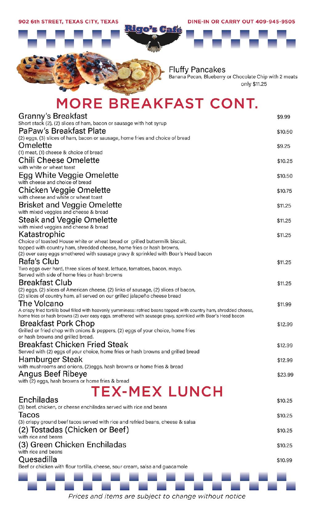 Menu at Rigos Cafe, Texas City