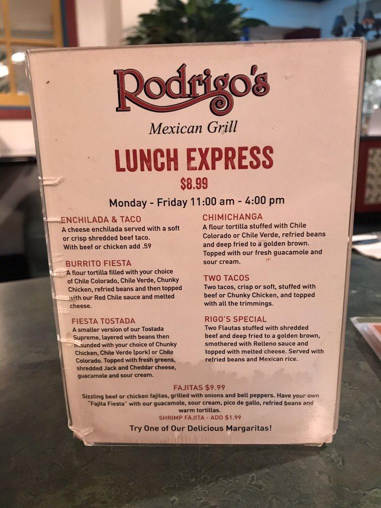 Menu at Rodrigo's Mexican Grill restaurant, Tustin