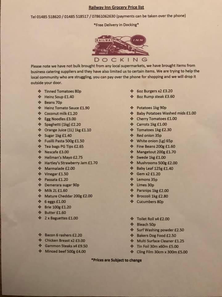 Menu at The Railway Inn pub & bar, Docking
