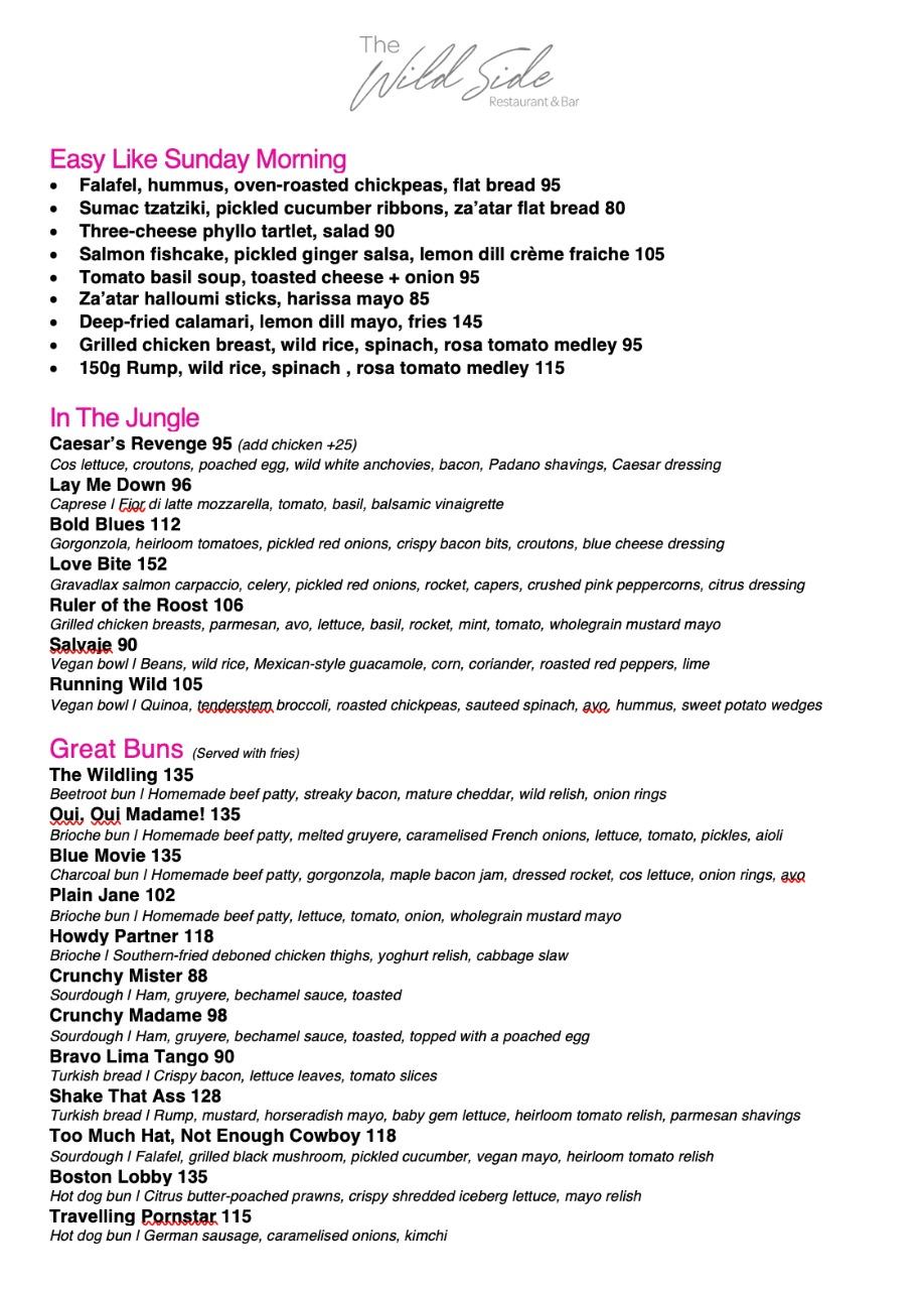 Menu at The Wild Side Restaurant, Johannesburg