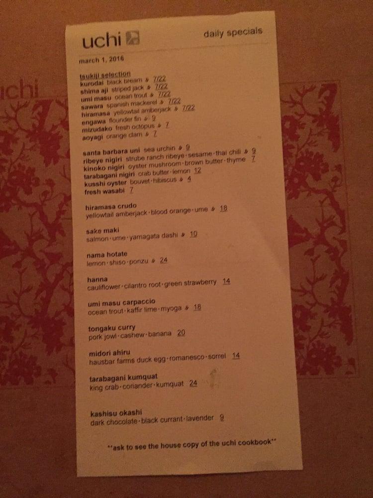 Menu at Uchi restaurant, Austin