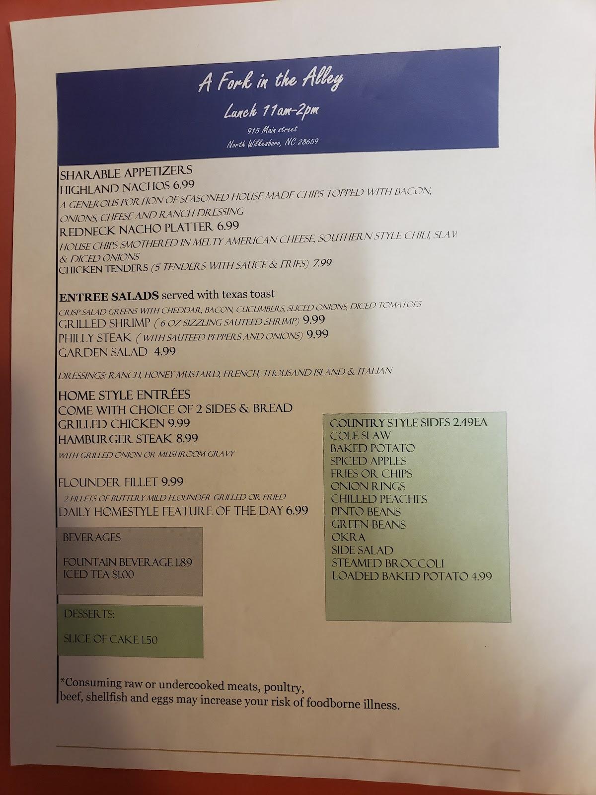 Menu at Closed restaurant, North Wilkesboro