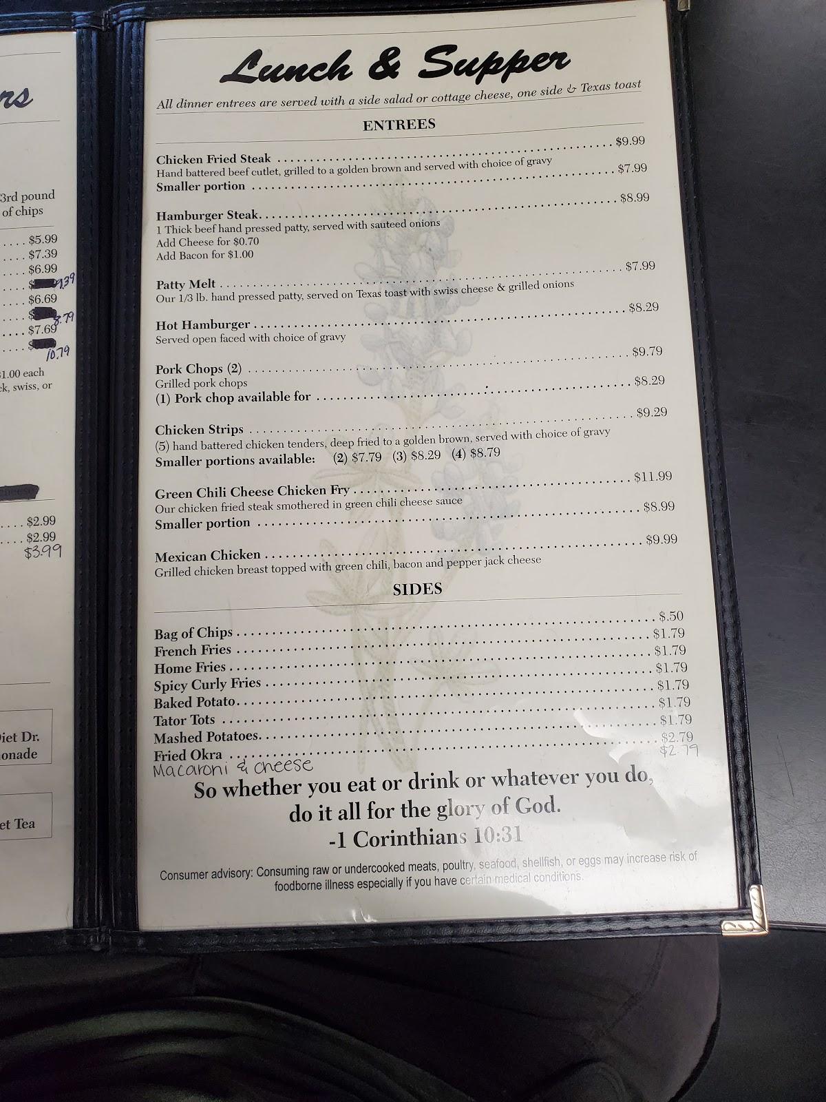 Menu at Blue Bonnet Cafe, Boise City