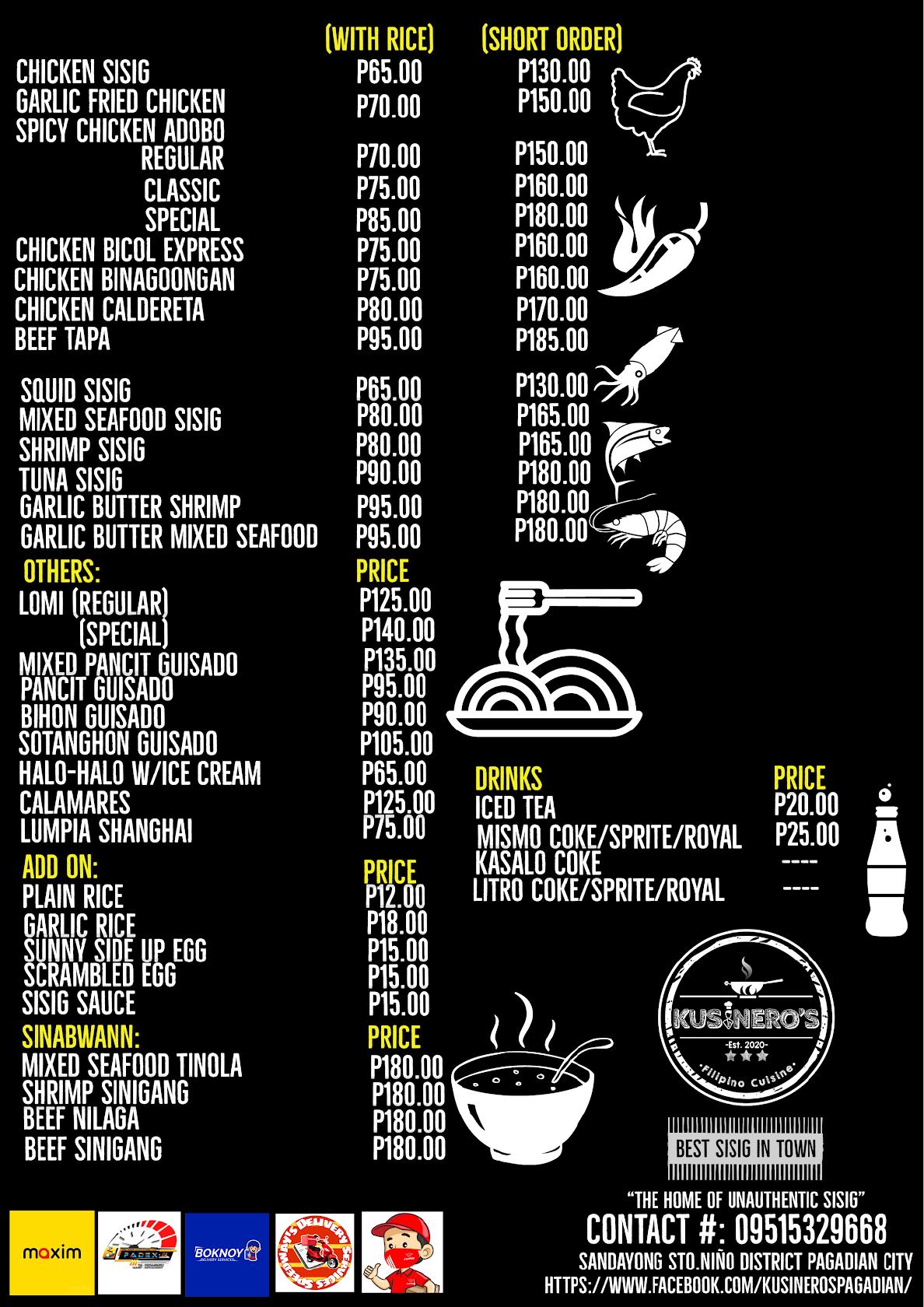 Menu at Kusinero's restaurant, Pagadian City