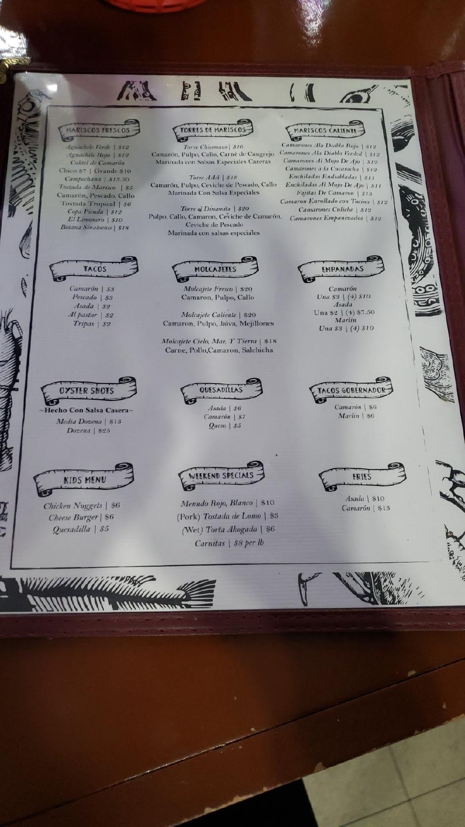 Menu at Mariscos El Picudo restaurant, Tulare