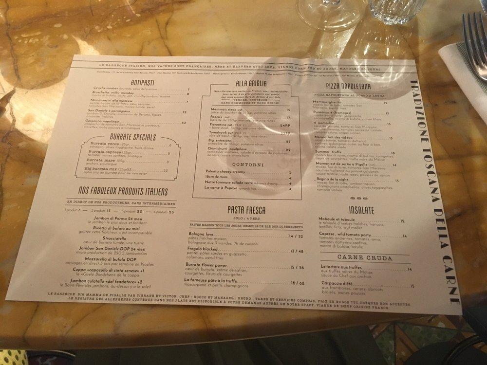 Menu at Pink Mamma BBQ, Paris