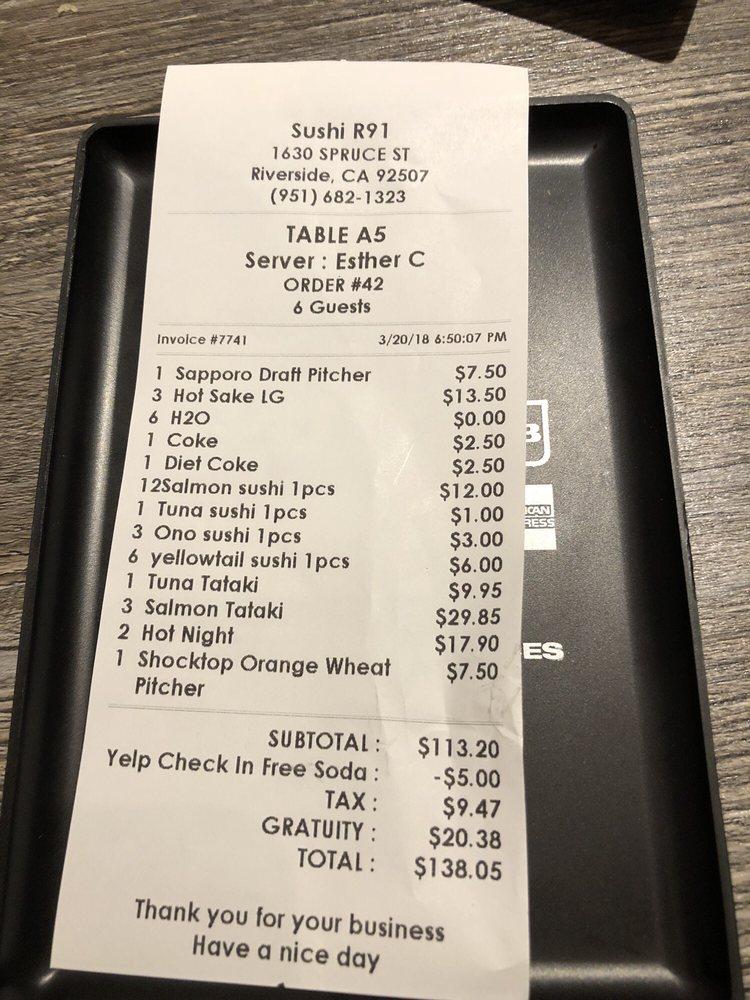 Menu at Sushi R91 restaurant, Riverside