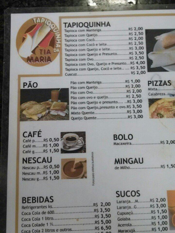 Menu at Tapioca Da Tia Maria cafe, Belém
