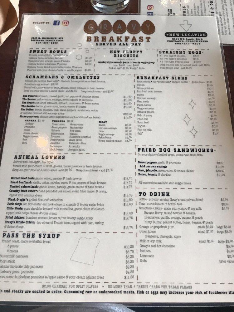 Menu at Gravy restaurant, Portland, NE Sandy Blvd