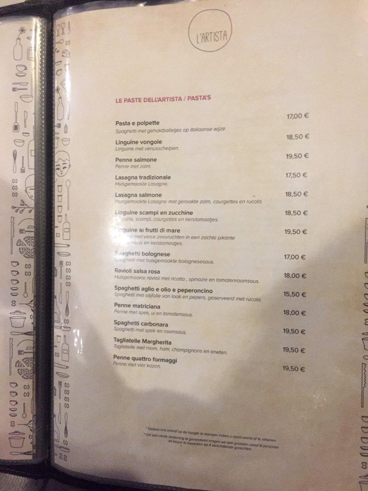 Menu at l'Artista, Mechelen
