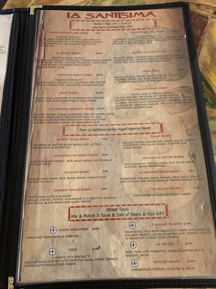 Menu at La Santisima restaurant, Phoenix, 4117 N 16th St