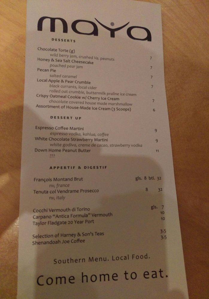 Menu at Maya pub & bar, Charlottesville