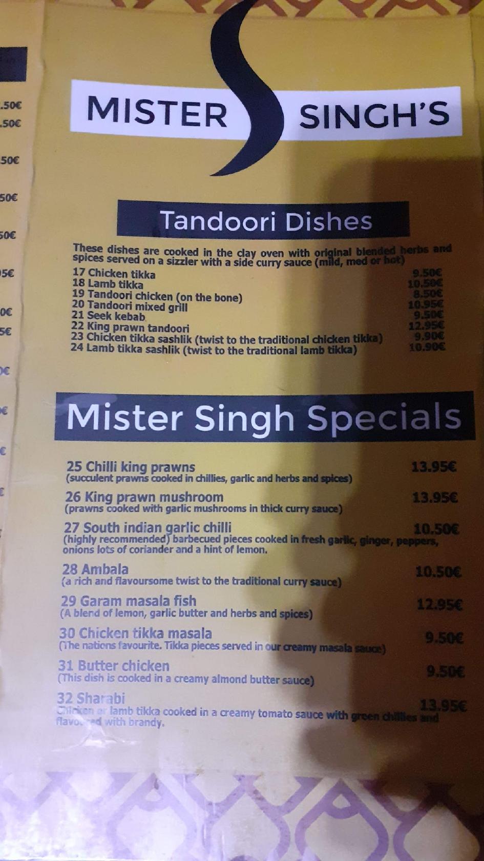 Menu at Mister Singh's restaurant, Quesada