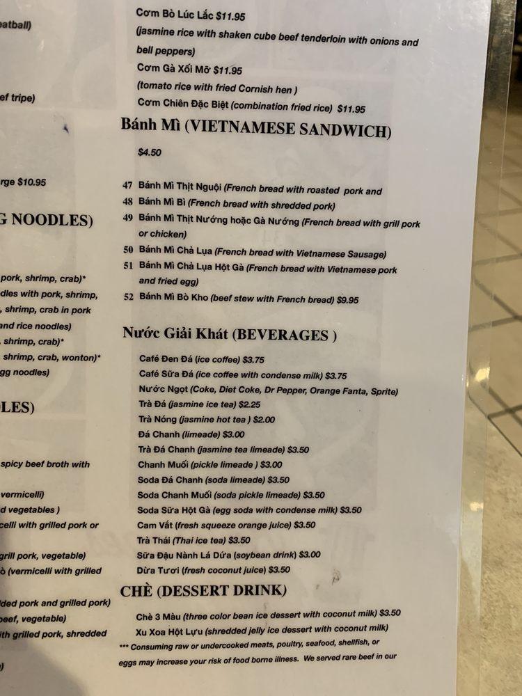 Menu at Pho Pasteur II restaurant, Carrollton