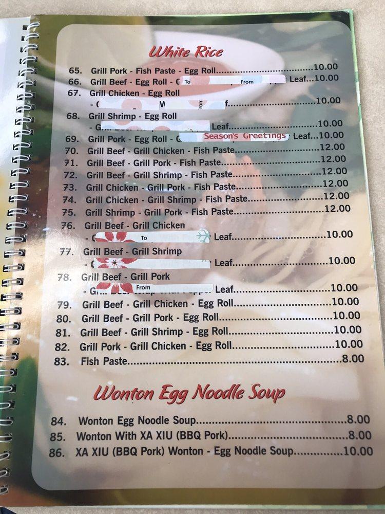 Menu at Pho Vietnamese restaurant, Longview