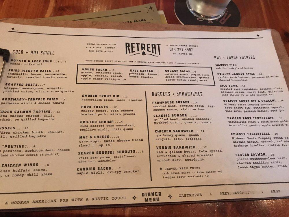 Menu at Retreat Gastropub, St. Louis