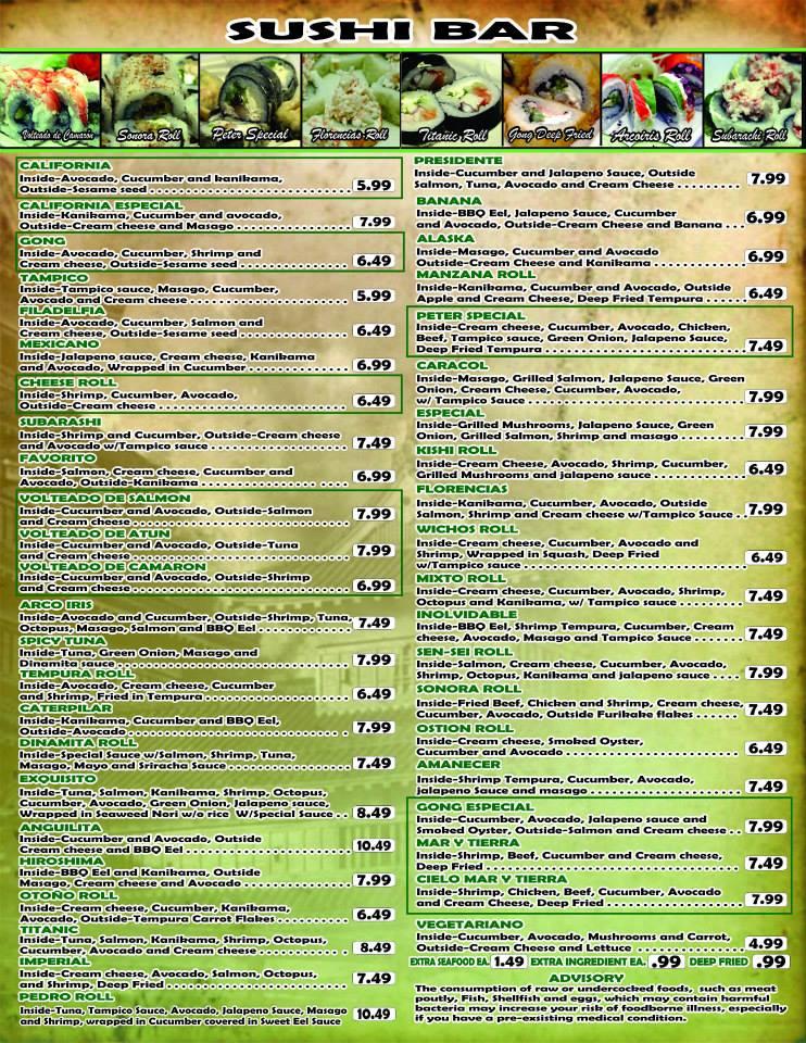Menu at Sushi Gong restaurant, Douglas