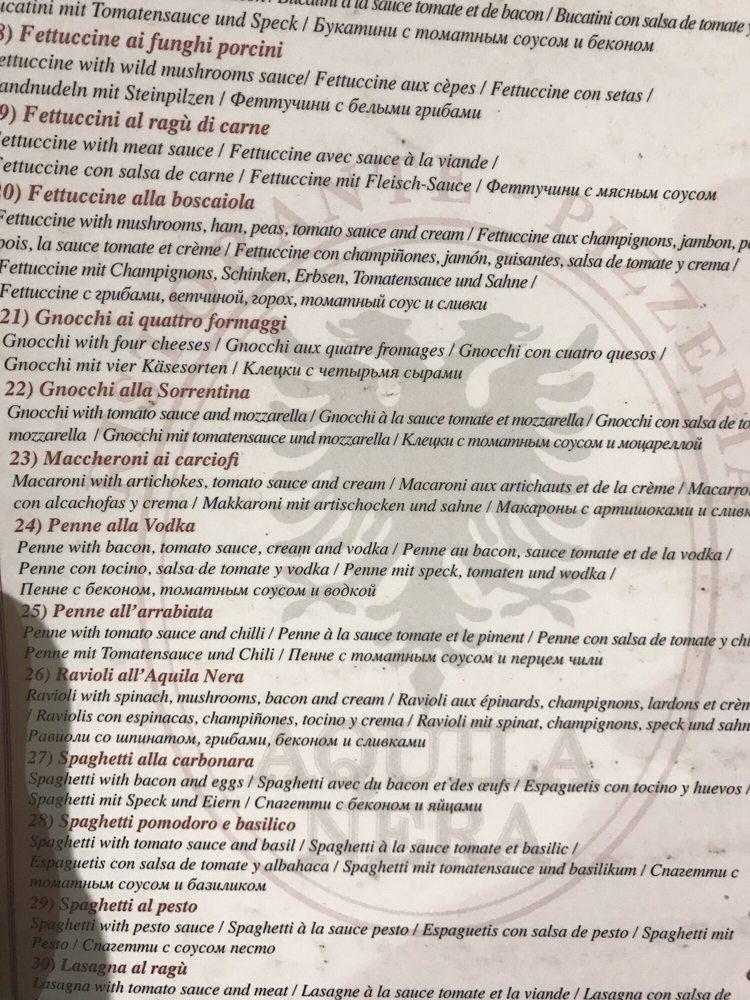 Menu at Aquila Nera pizzeria, Rome, Via Principe Amedeo