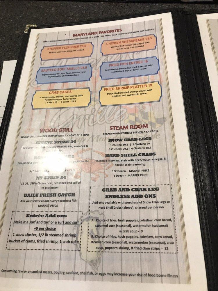 Menu at Avery's Maryland Grille pub & bar, Frederick