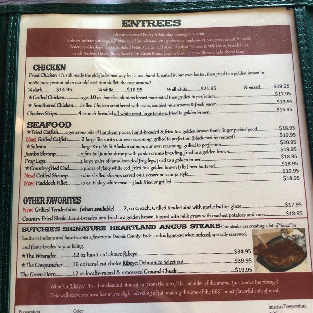 Menu at Butchie's restaurant, Dubois