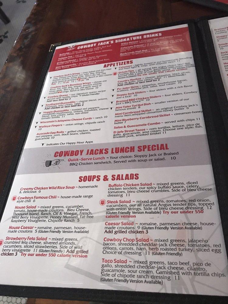 Menu at Cowboy Jack's restaurant, St. Cloud