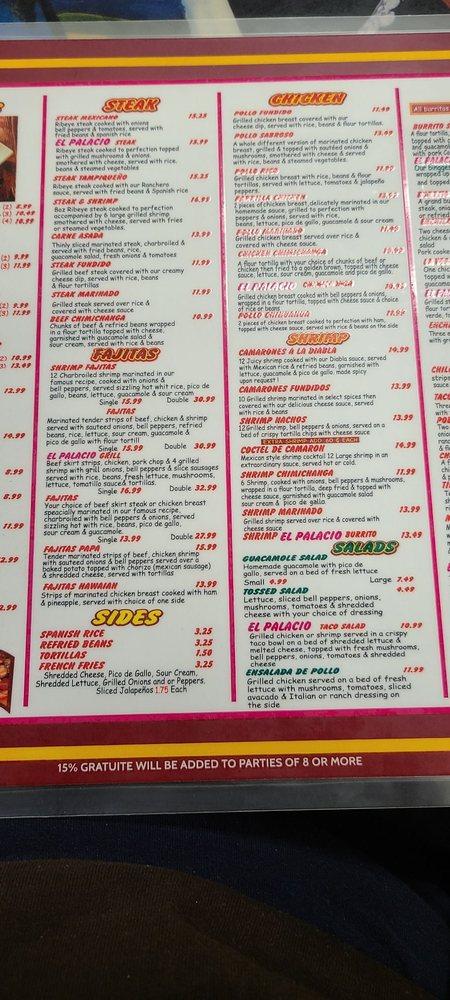 Menu at El Palacio restaurant, Warren